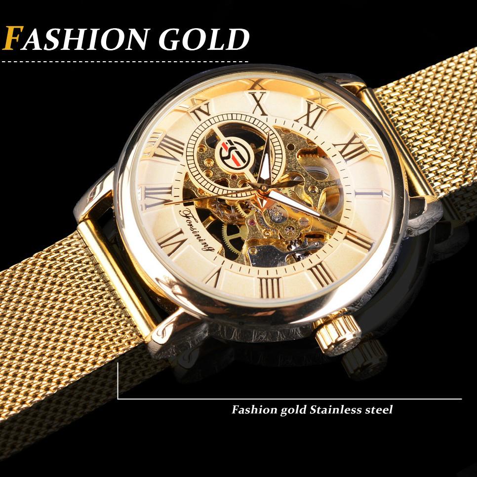 Buy Men Watch Gold Stainless Steel Band Transparent Case Fashion ...