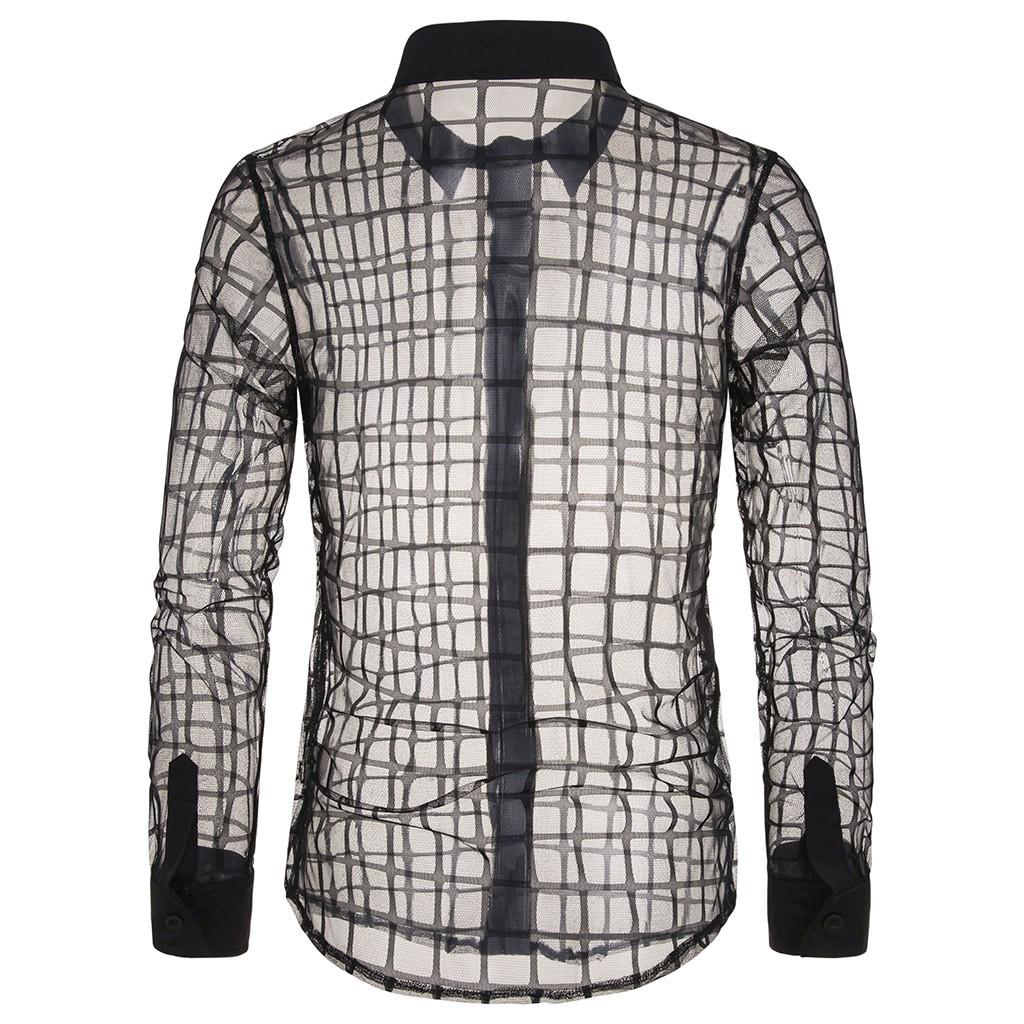 Buy Sexy Men's Mesh Plaid Slim Fit Turn-Down Collar Long Sleeve Top ...