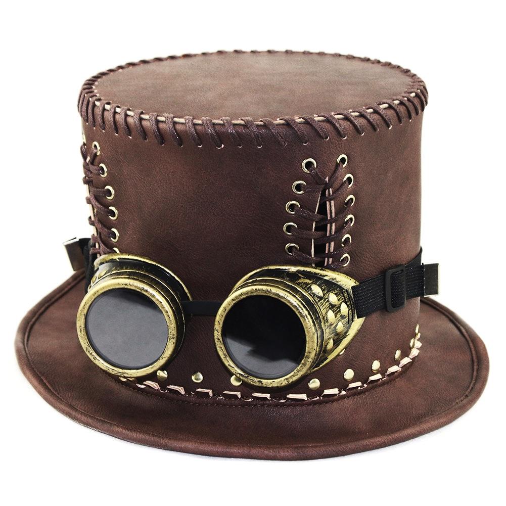Buy Unisex Vintage Steampunk Fedora Victorian Brown PU Top Hat with ...