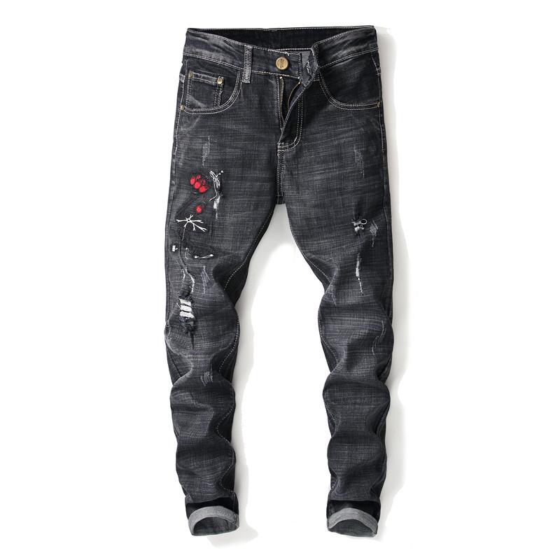 Buy Men Fashion Graphic Rose Embroidered Bleached Ripped Jeans at ...
