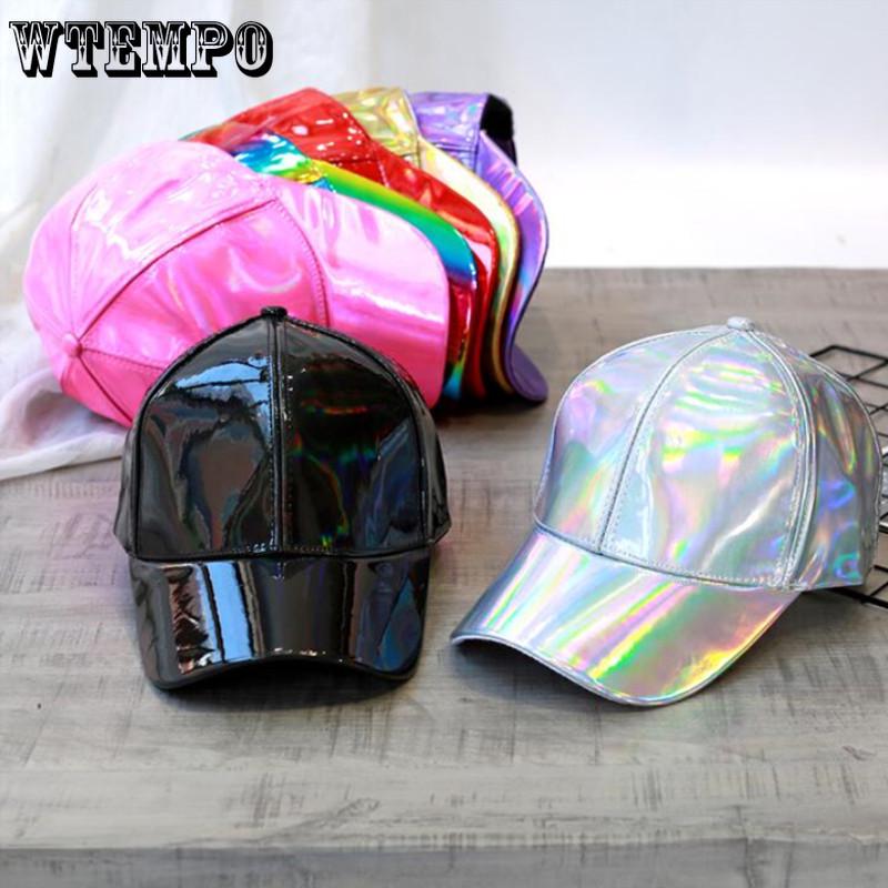 Buy Women Men Color Gradient Shiny Metallic Laser Leather Snapback ...
