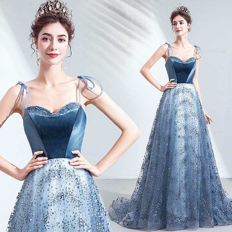 Cheap Sexy Strap Sleeveless Sequins Blue Train Long Dress Wedding Dress ...