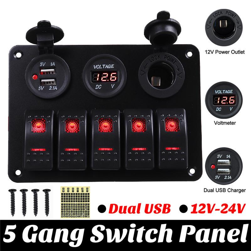 Buy 5 Gang ON-OFF Toggle Switch Panel 2 USB 12V Fit Car Boat Marine RV ...