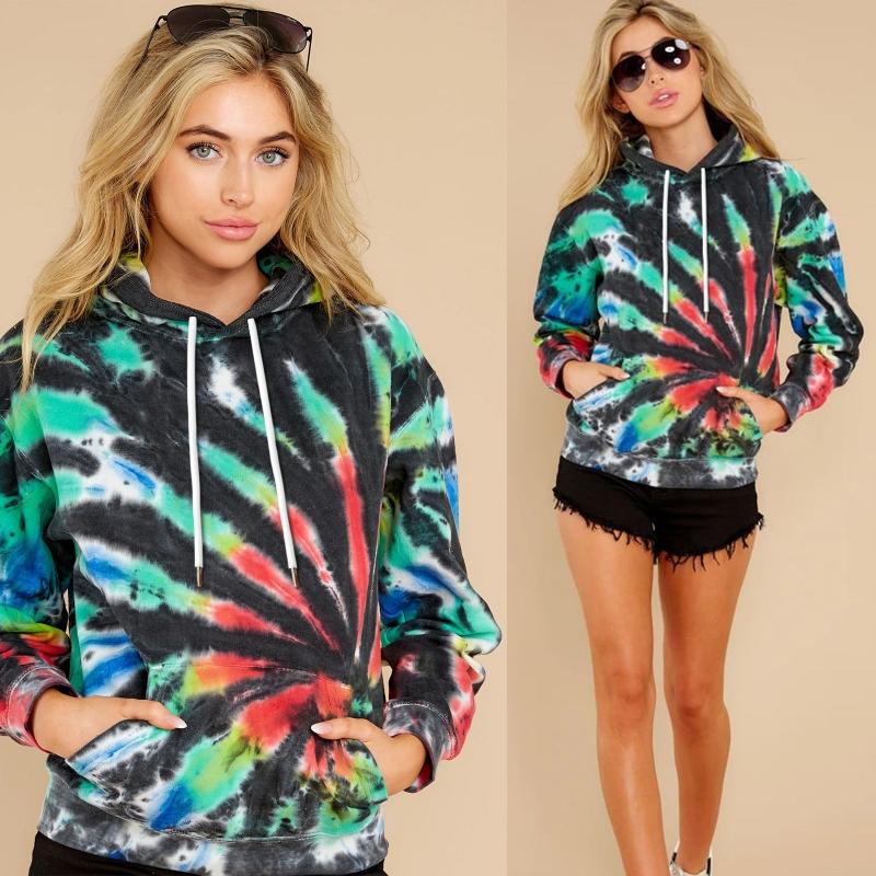 Buy Women Long Sleeve Drawstring Hoodies Colorful Tie Dye Digital Print ...