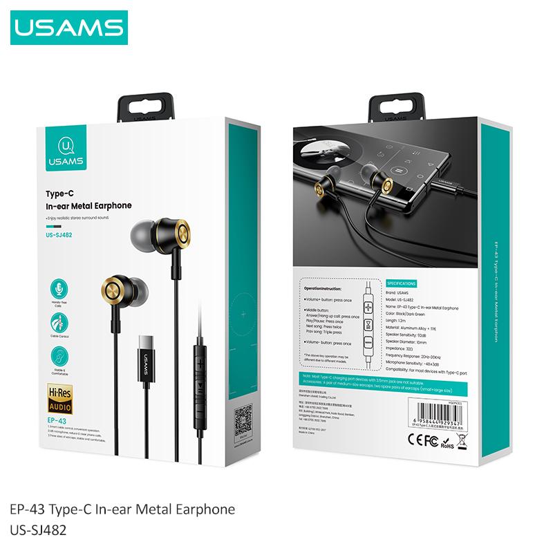 Buy USAMS Type C In-ear Metal Earphone HiFi Stereo Smart Cable Control ...