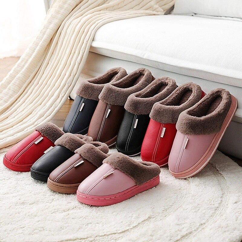 Buy Pu Waterproof Slippers Women Men Winter Plush Keep Warm Flat Home ...