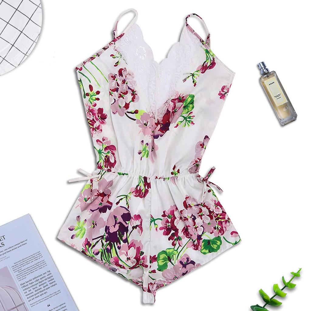 Buy Lace Satin Floral Bow Bodysuit Teddy Lingerie Pajamas Babydoll Sexy ...