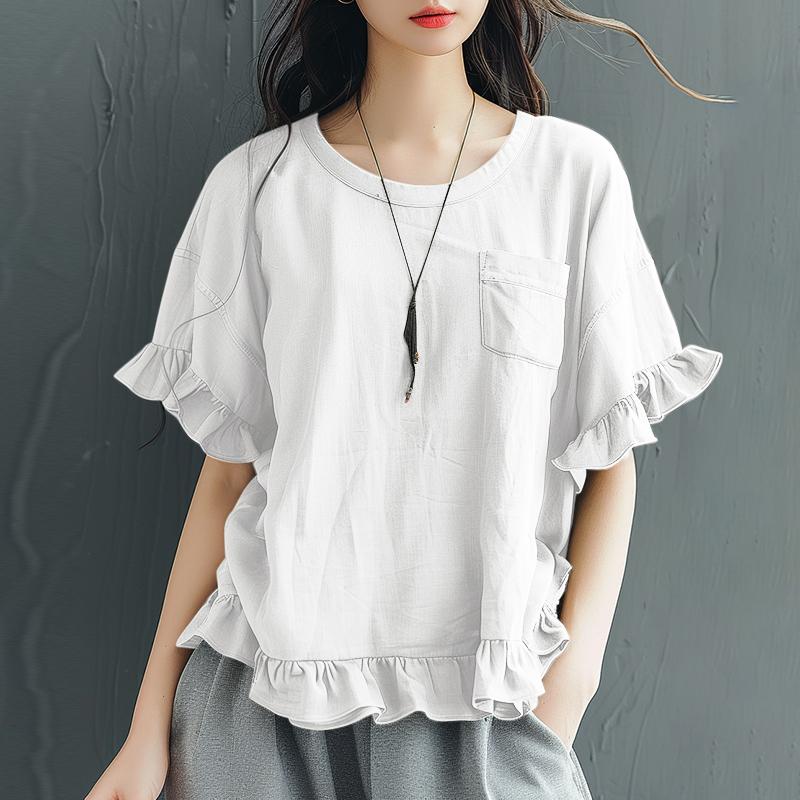 ZANZEA Женская повседневная свободная блузка с круглым вырезом и рюшами ...