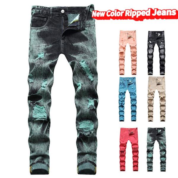 Buy New Men Fashion Colorful Jeans Men's Casual Hole Stretch Pants Slim ...