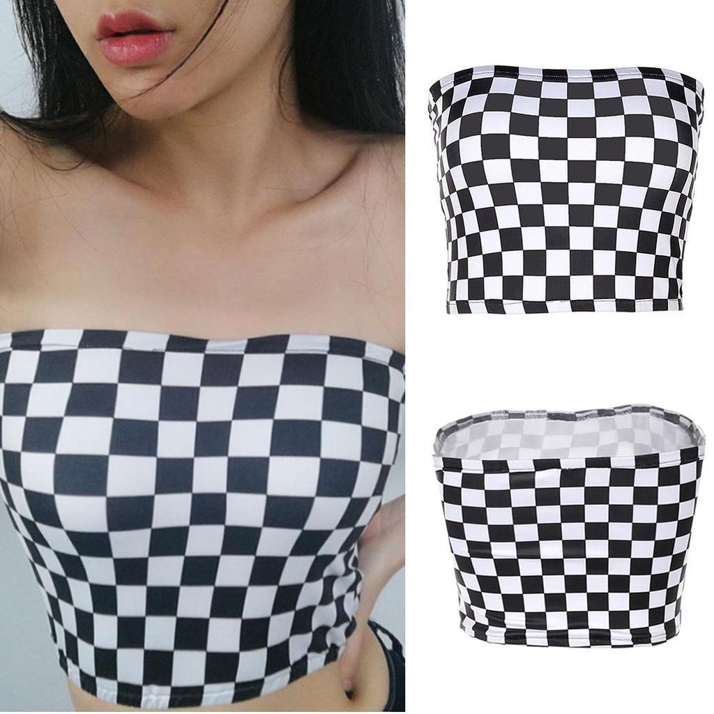Buy Women Sexy Strapless Sleeveless Plaid Ruched Contrast Color Tube ...