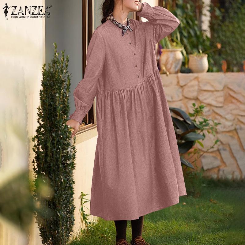 Cheap ZANZEA Women's Round Neck Long Sleeve Half Placket Button Solid ...