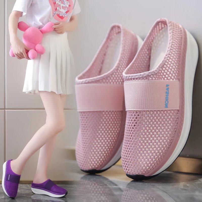 Buy Mesh Breathable Women's Thick Sole Round Toe Mesh Heelless Sandals ...