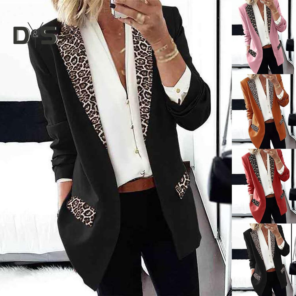 Buy Women Lapel Leopard Patchwork Blazer Long Sleeve Open Front Slim ...