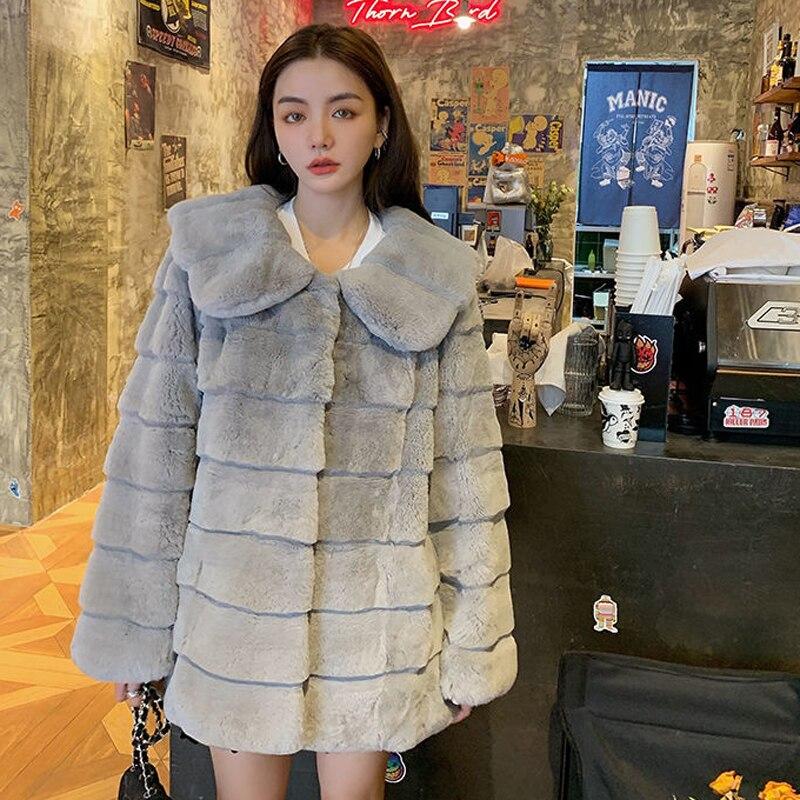Buy 2021 Winter Faux Rabbit Fur Coat Women Lapel Fur Jacket Stripe ...