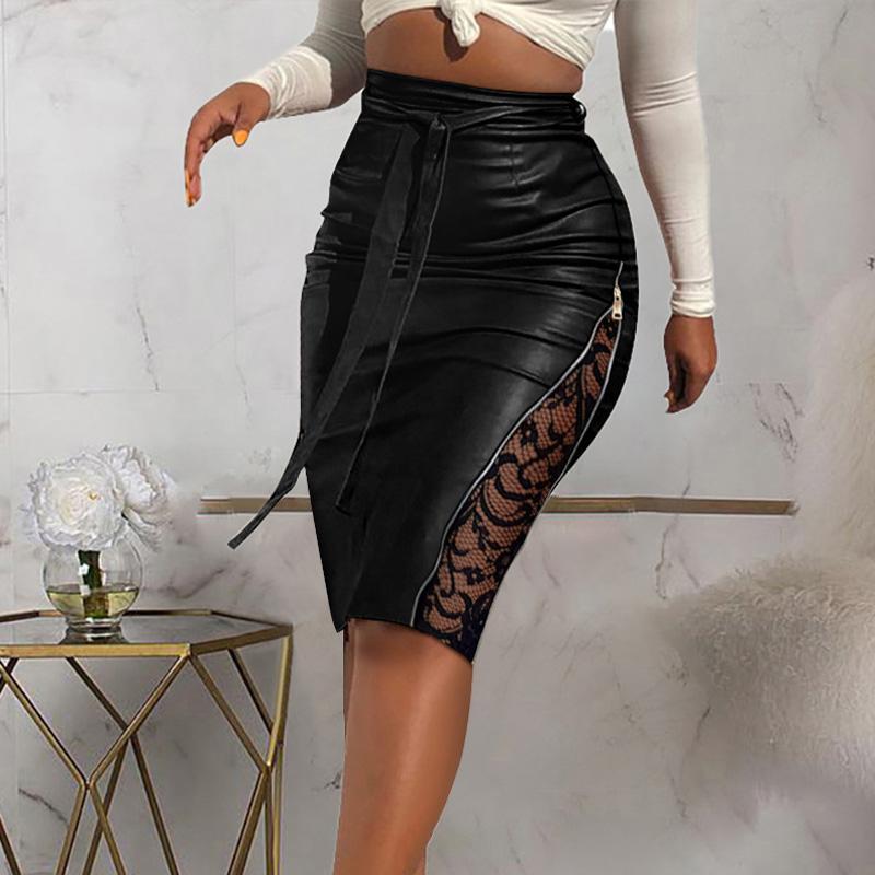 Buy Sexy Split Lace Stitching Slim-fit Strappy Leather Skirt at ...