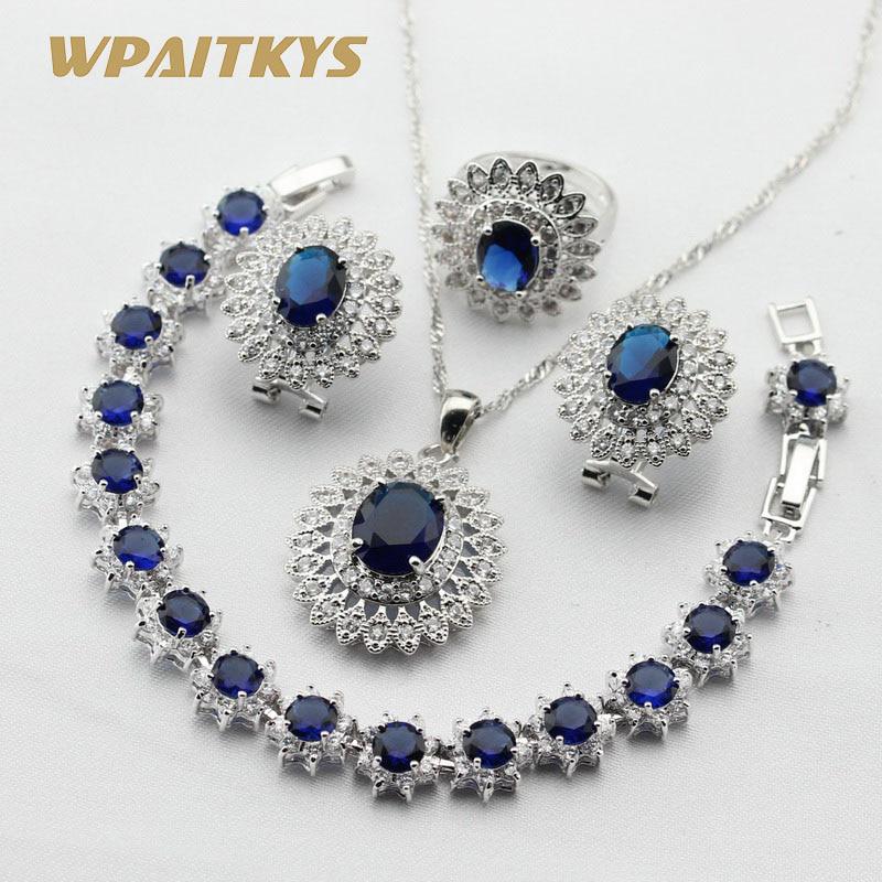 Buy Blue Zircon Silver Color Jewelry Sets Women Bracelet Earrings ...