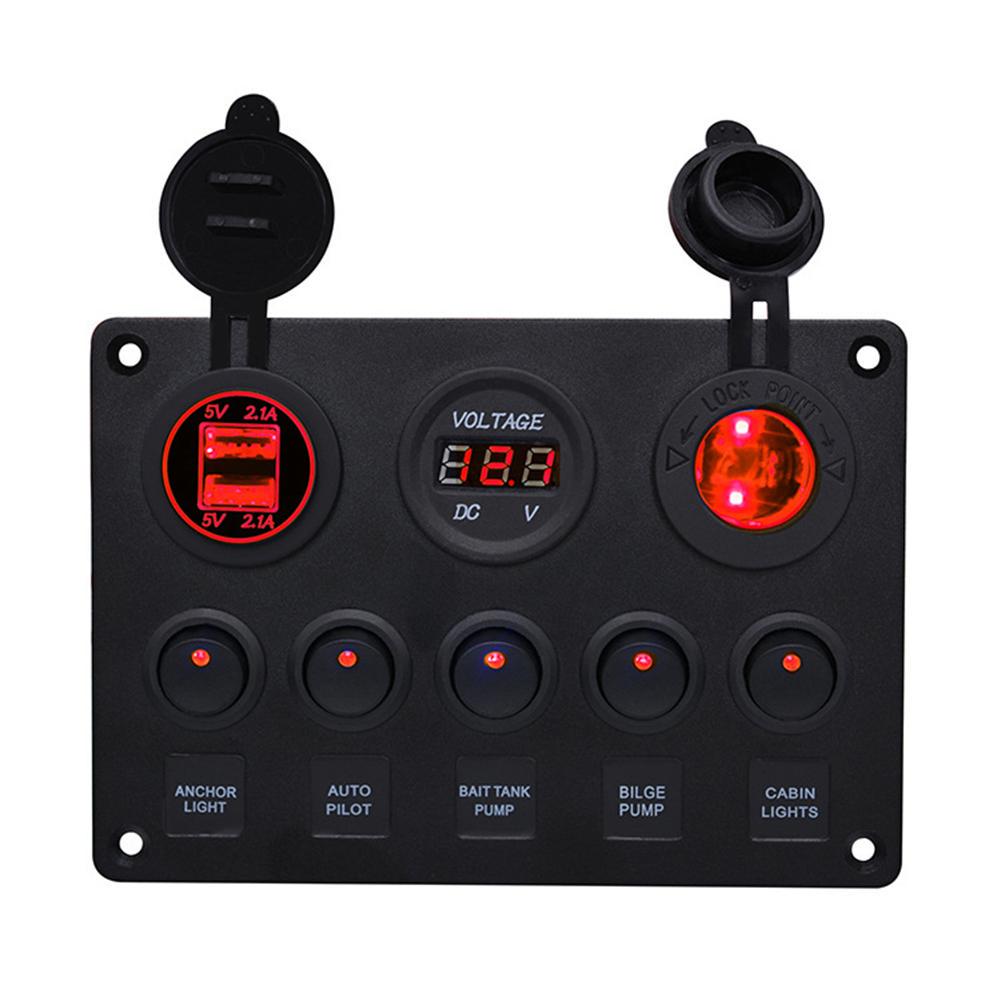 5 Gang Switch Control Panel 12V / 24V With 2 USB Charger LED Digital ...