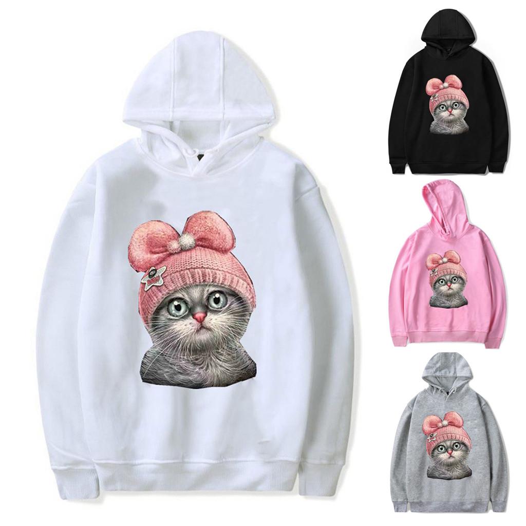 Buy FM Women Cat Print Long Sleeve Pullover Loose Hooded Sweatshirt ...