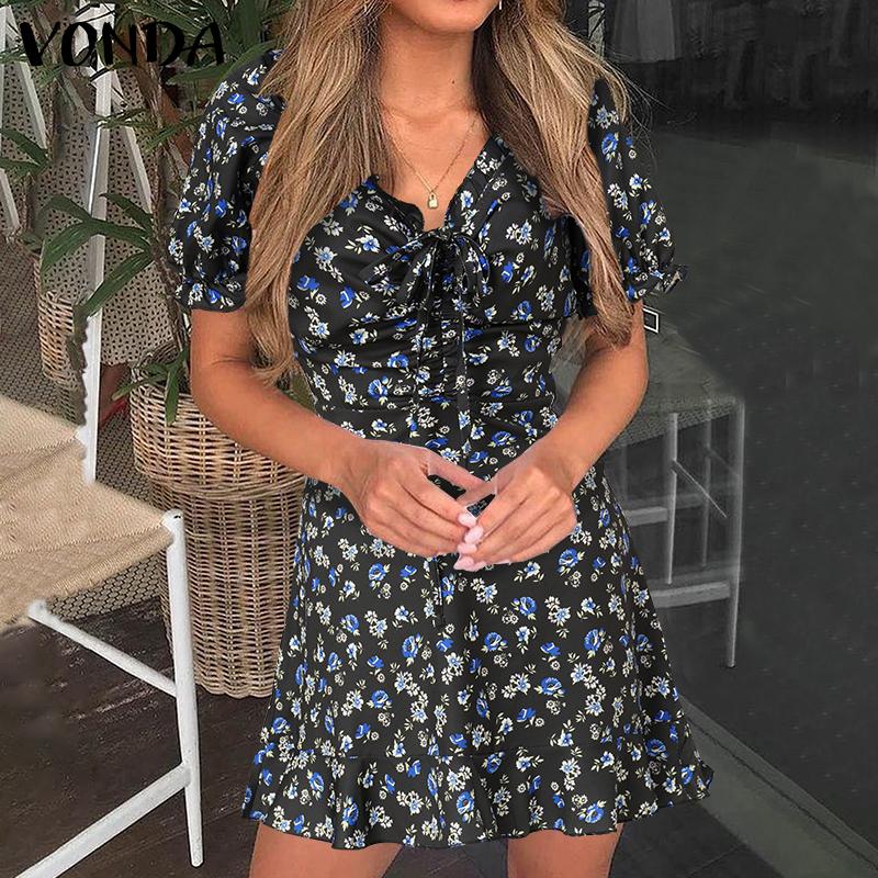 Buy VONDA Summer Women's Fashion Holiday Floral Print Mini Dresses Puff ...