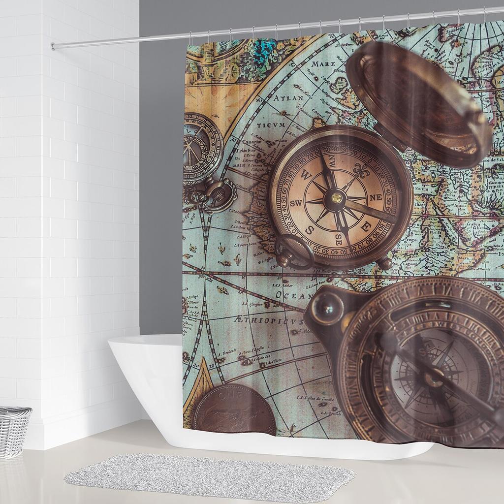 Retro Clock Compass Fabric Shower Curtain World Map Bathroom Curtains ...