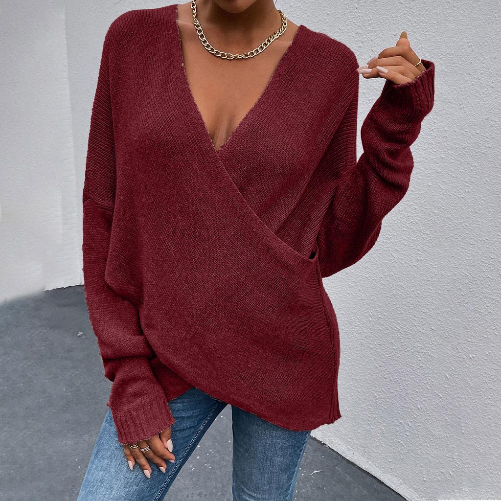 Buy [Qi]Women Autumn Casual Fashion Solid Color Coat Cross Loose Knit ...
