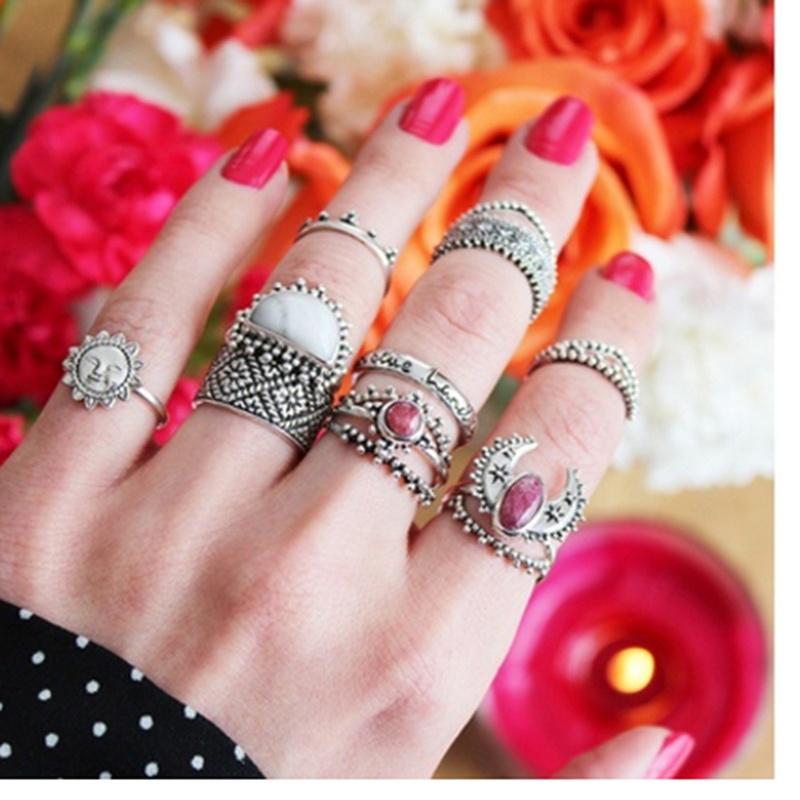 14Pcs Retro Finger Ring Set Geometric Stone Knuckle Rings Sets Bohemian ...