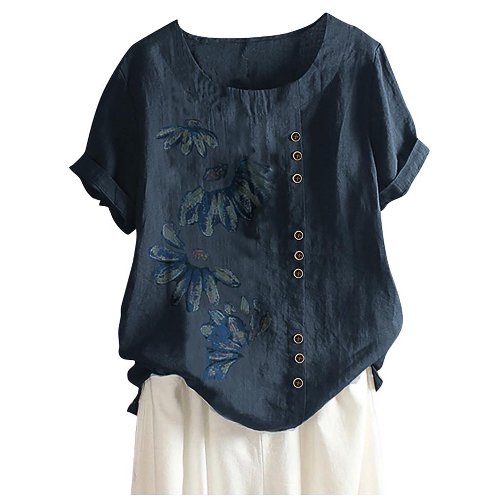 Buy Jo Plus Size Women Short Sleeve Cotton Linen O Neck Button