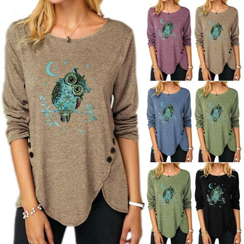 Buy Womens Owl Printed Long Sleeve T-shirt Casual Female Irregular Hem ...