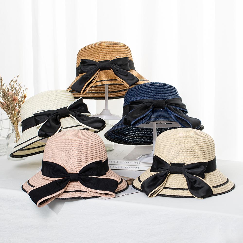Buy Summer Sun Bucket Hats Women Solid Elegant Wide Brim Bow Hat Round ...