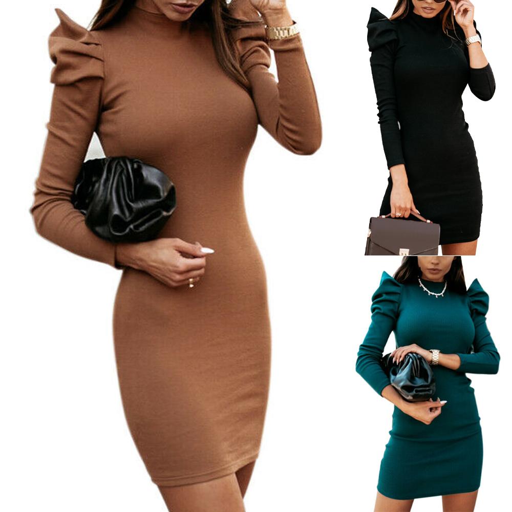 Buy Puff Sleeve Party Dress Sexy Bodycon Women Long Sleeve O Neck Mini ...