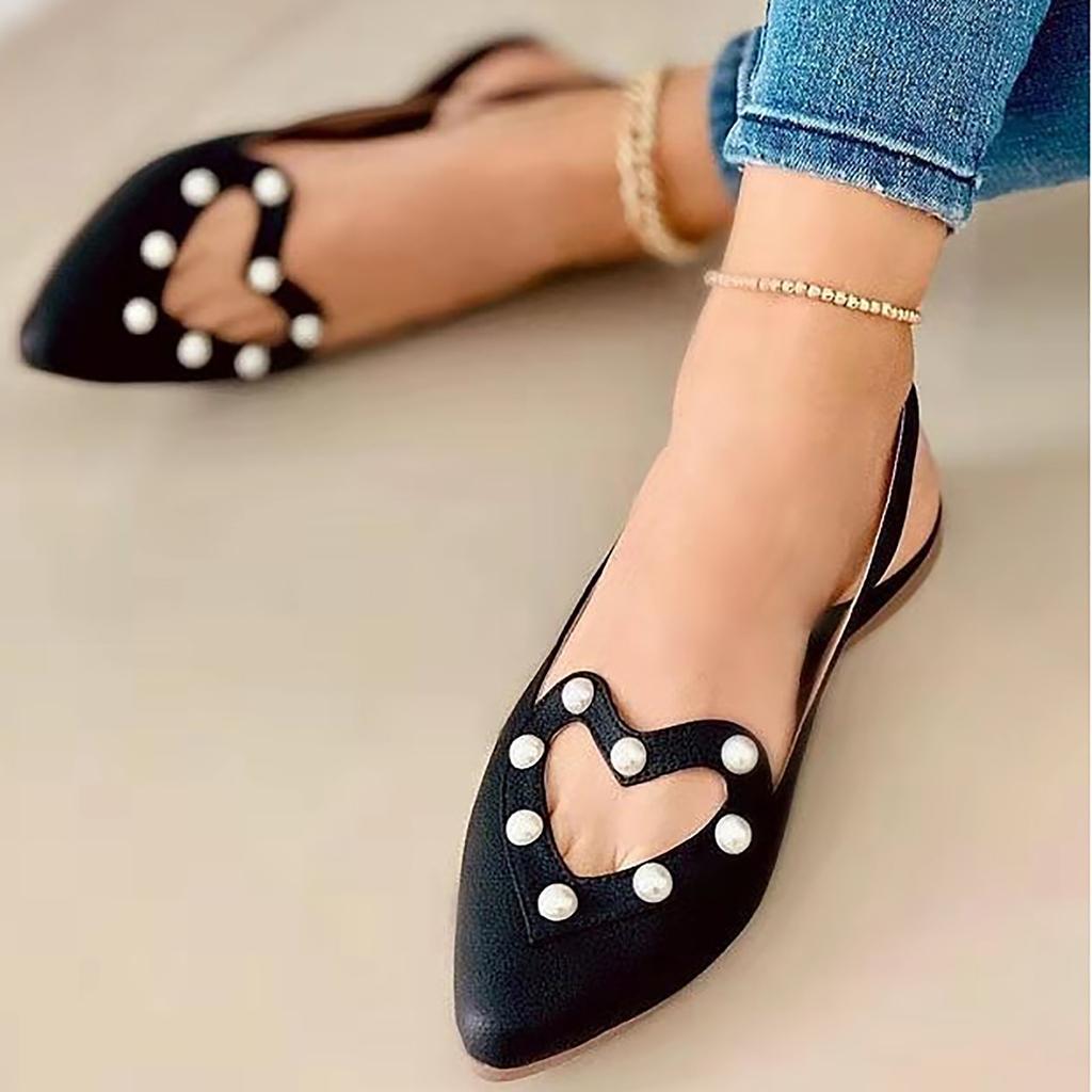 Buy Women's Shoes Leisure Flat Shoes Female Pointed Hollow Beaded Heart ...