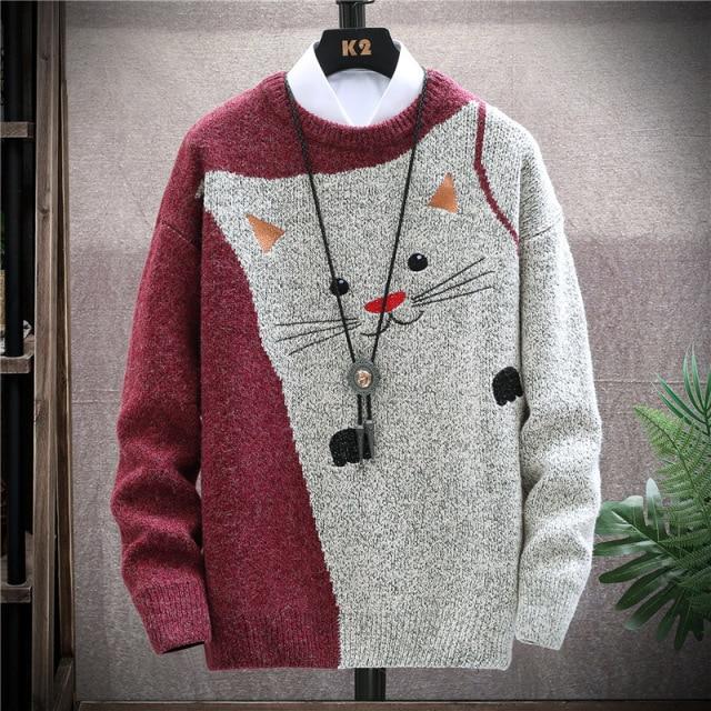 Satın alın Autumn Winter Men Slim Sweaters Cute Cat Pattern Embroidery ...
