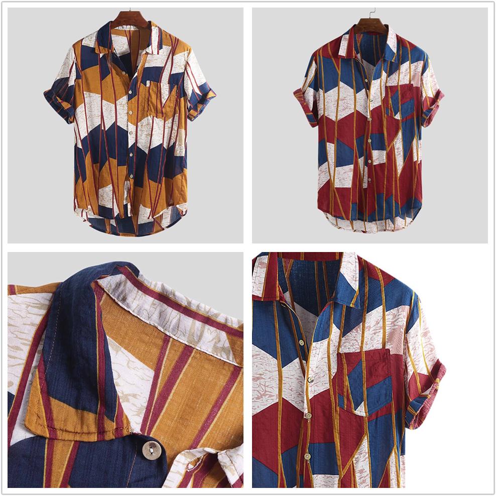 Buy Mens Multicolor Lump Chest Pocket Short Sleeve Round Hem Loose ...