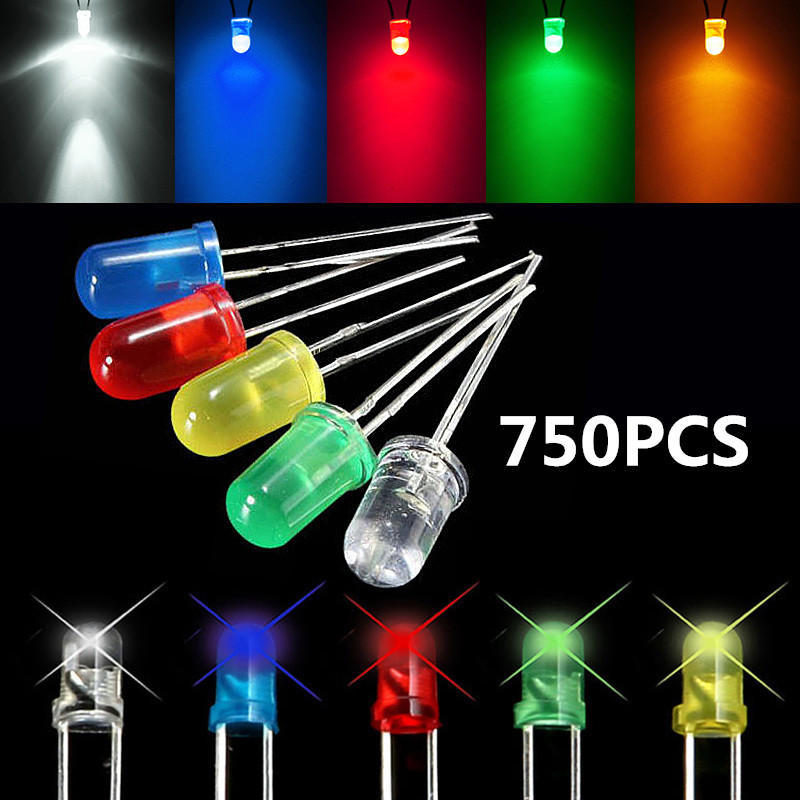 750Pcs 3mm Round LED Light White Yellow Red Blue Green Assortment ...