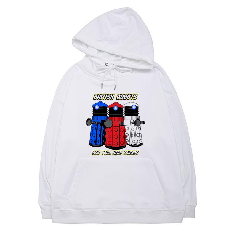 Buy Autumn British Robots Print Unisex White Hoodies Drawstring Pocket ...