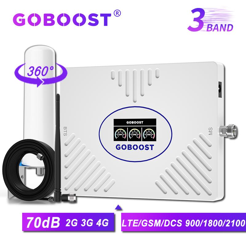 GOBOOST 70dB High Gain Tri Band Signal Booster 2G+3G+4G Cellular Amplifier 850 900 1800 2100MHz ...