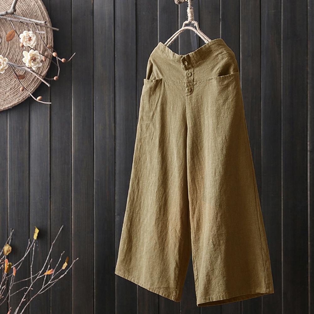 Buy Women Palazzo High Waist Wide Leg Culottes Cotton Linen Trousers ...