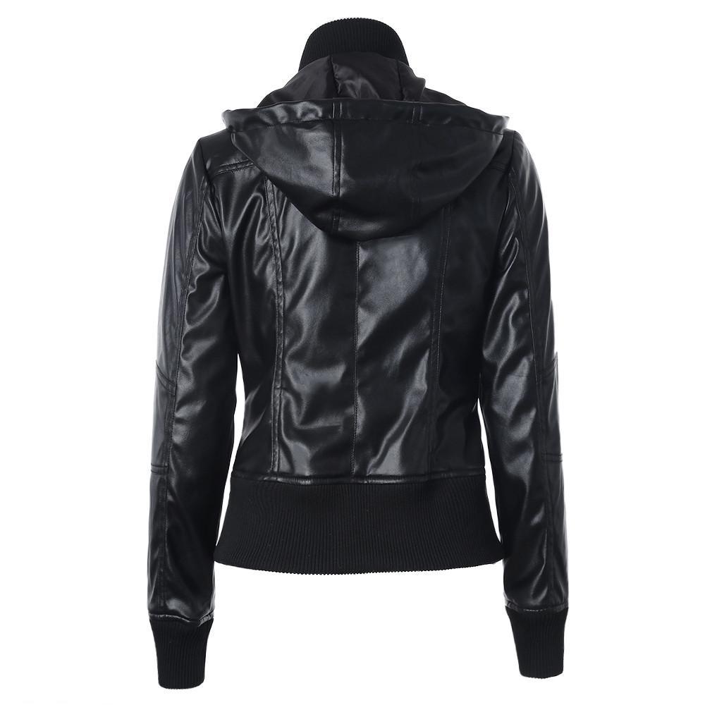 Buy Women Slim Leather Jacket Removable Zipper Caps Splicing Hooded ...