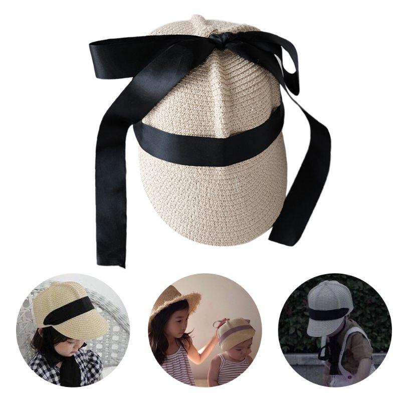 Buy Kids Summer Woven Straw Baseball Cap Sweet Plaid Ribbon Bow ...