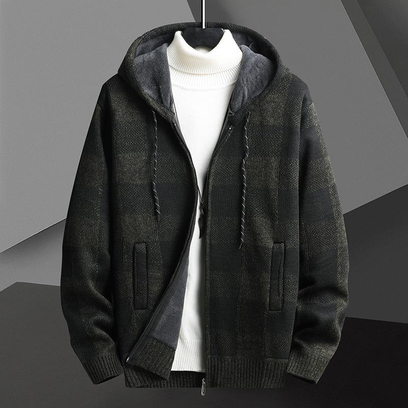 Buy Men's Hooded Sweater Coat Men's Plaid Print and Fleece Heavy Hooded ...