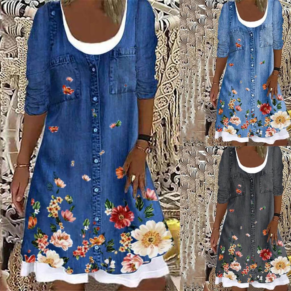 Buy Fashion Women's Digital Printing Imitation Denim Round Neck Long ...