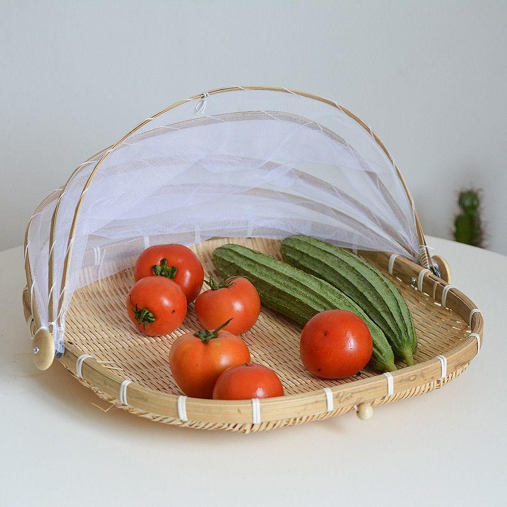 Kjøp Hand-Woven Storage Basket with Mesh Gauze Cover Food Serving Tent ...