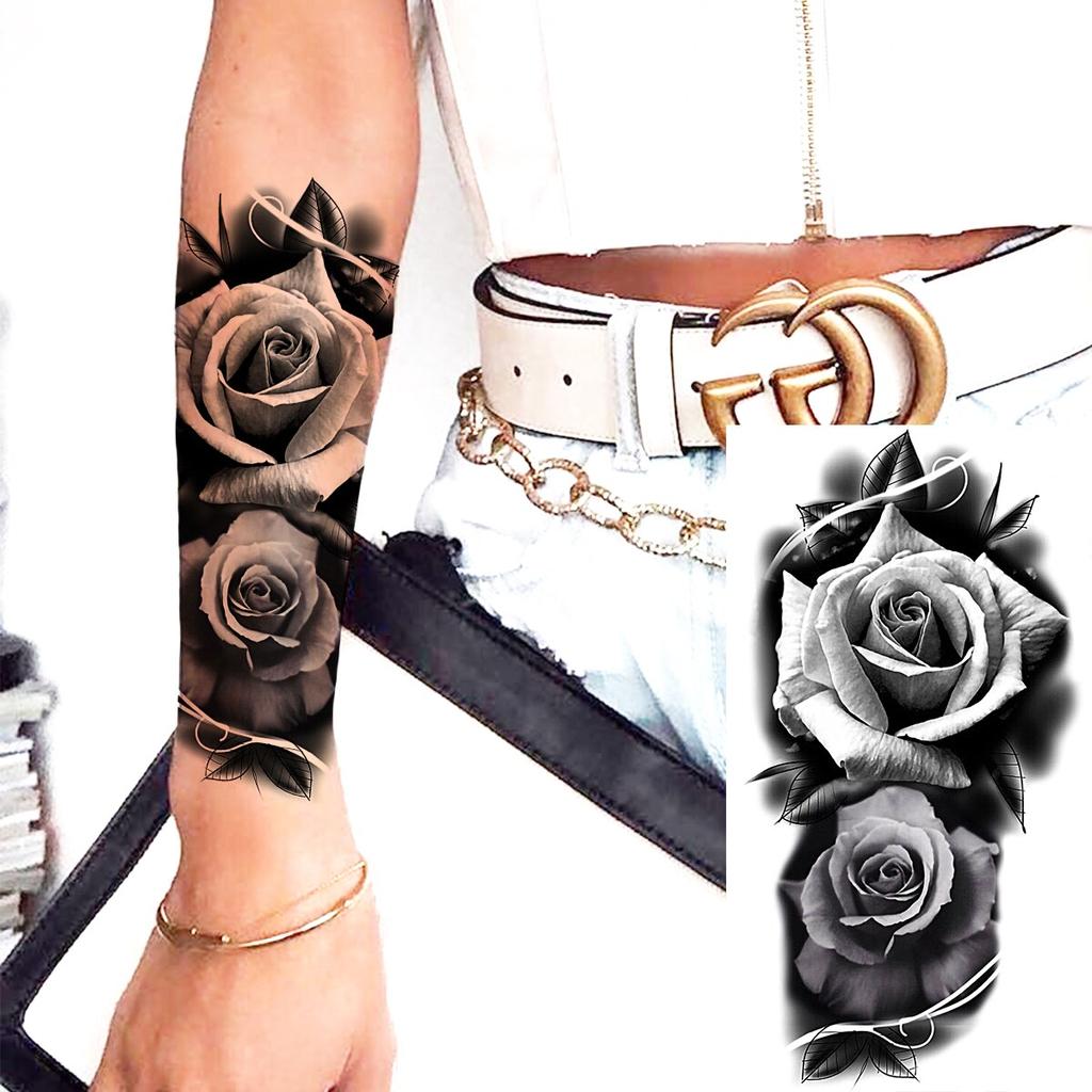 Black Scary Rose Flower Gangster Temporary Tattoos For Women Men Wolf Lion Pirate Skull Fake ...