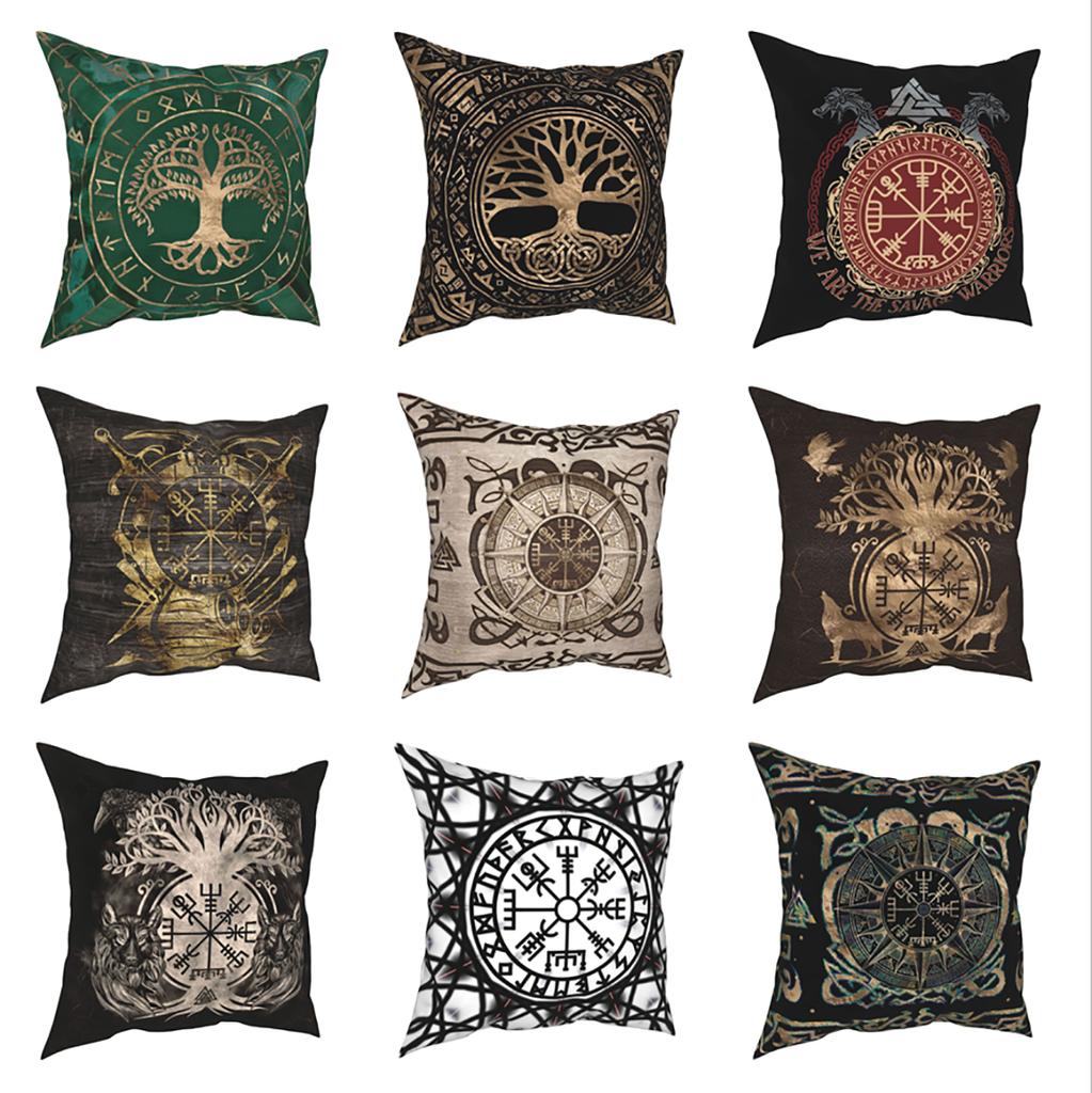 Viking Vegvisir Tree Life Pillow Cases Norse Runes Viking Tribal Symbol Cushion Covers Decor