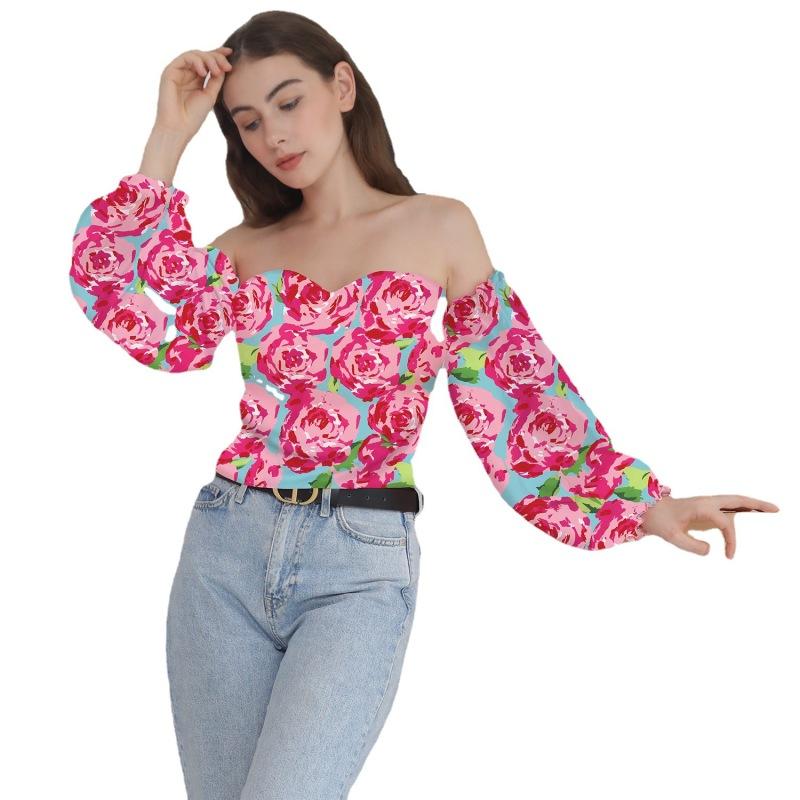 Buy Summer Women's Floral Open Back One-line Collar Open Shoulder ...