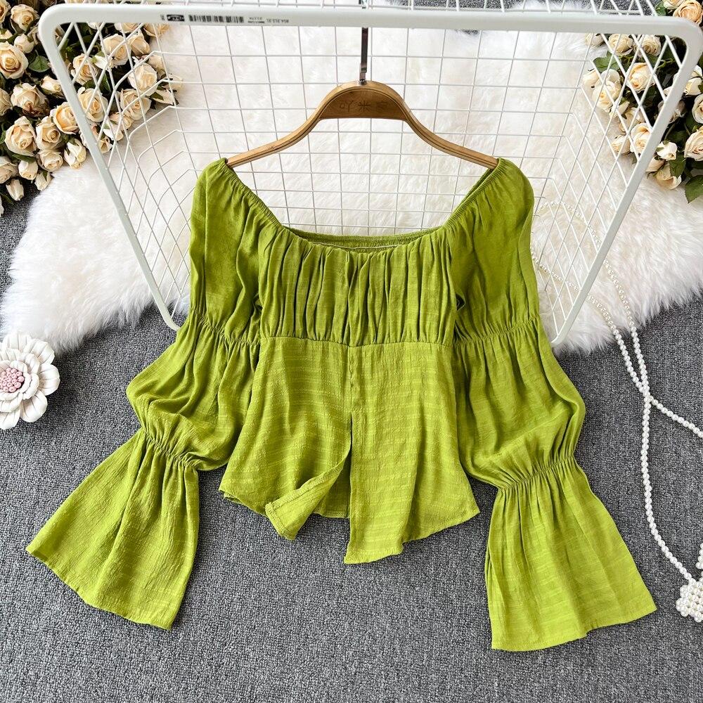 Spring and Autumn French Ruffled Square-neck Puff-sleeved Shirt Design ...