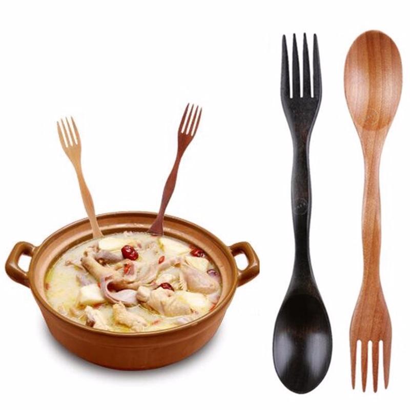 Buy 2 In1 Natural Wood Cutlery Dual Head Soup Spoon Fork Dinner ...