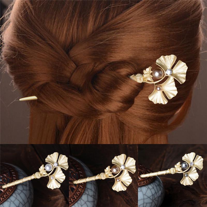 Golden Wedding Bridal Pearl Flower Leaves Hair Sticks Crystal Hair Pins ...