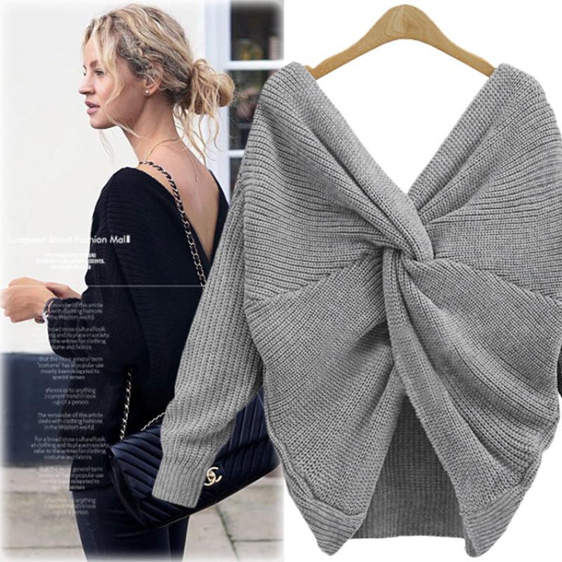 Cheap Autumn New V-neck Backless Knitted Sweater Women's Loose Long ...
