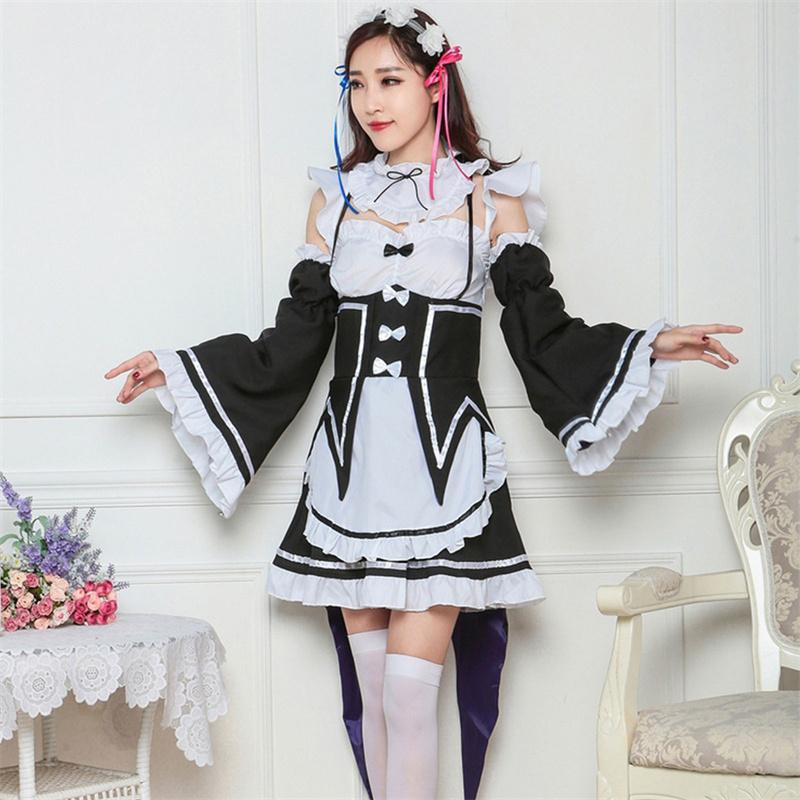 Buy Anime Cosplay Costume Ram/Rem Kawaii Sisters Maid Servant Outfit ...